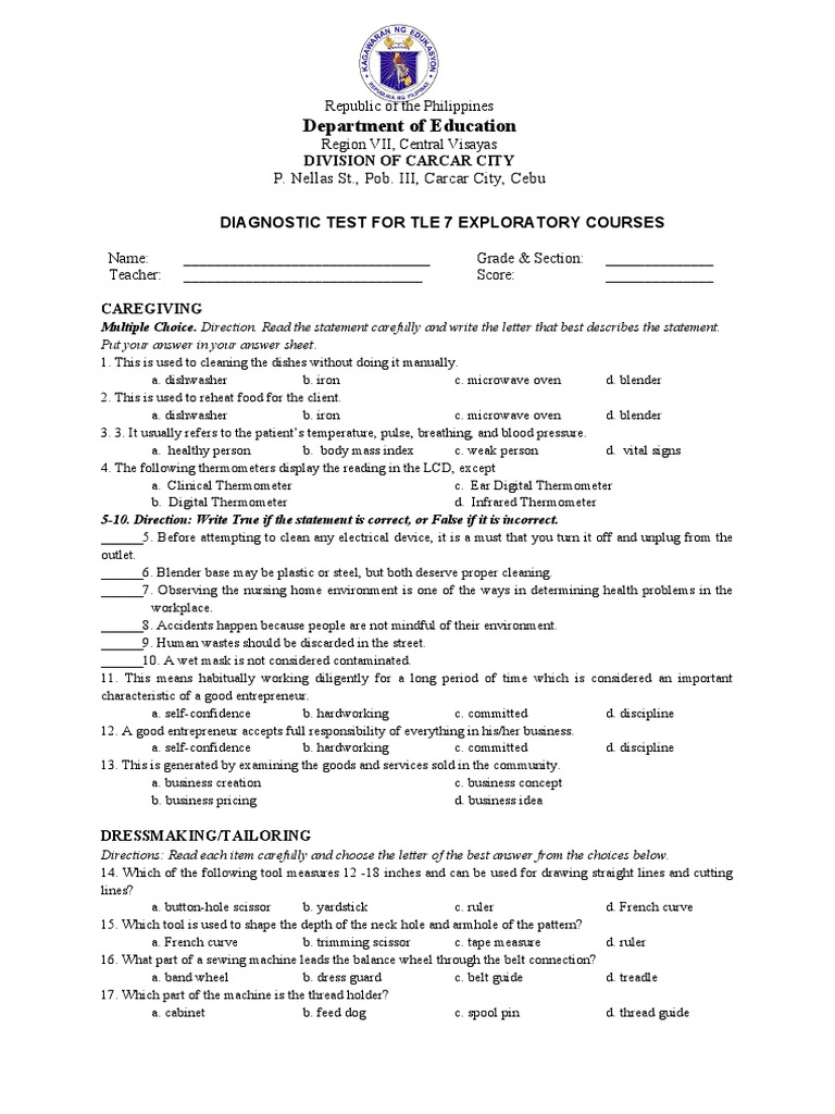 Diagnostic Test For Tle 7 Exploratory Courses | PDF
