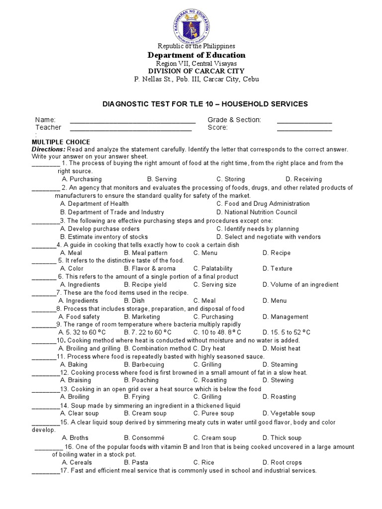 TLE 10 Diagnostic Test for Household Services | PDF | Soup | Cooking