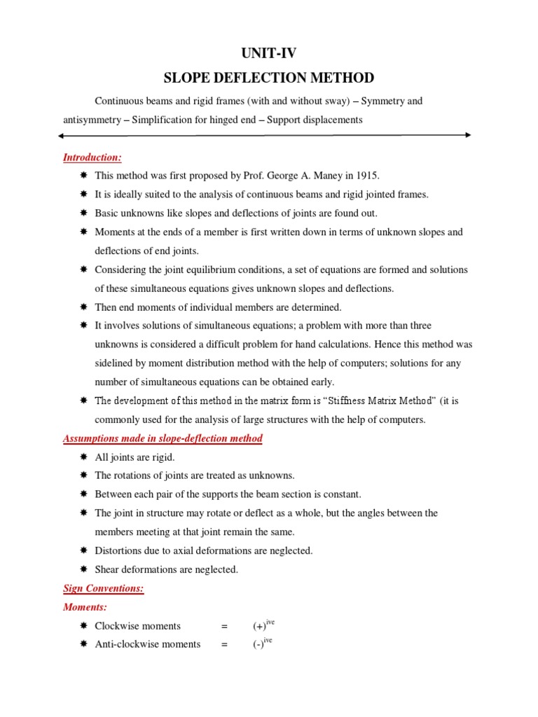Unit IV Slope Deflection Method | PDF | Structural Analysis ...