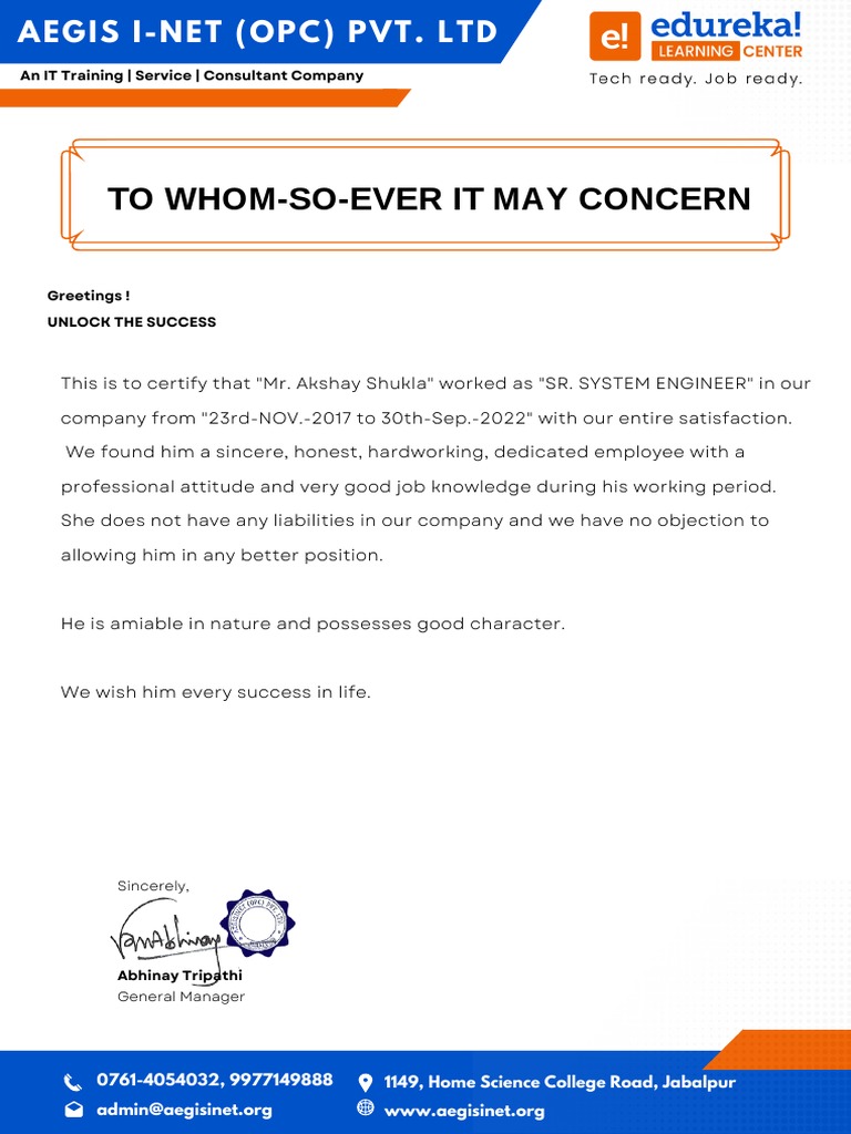 Aegis Experience Letter for Akshay Shukla | PDF