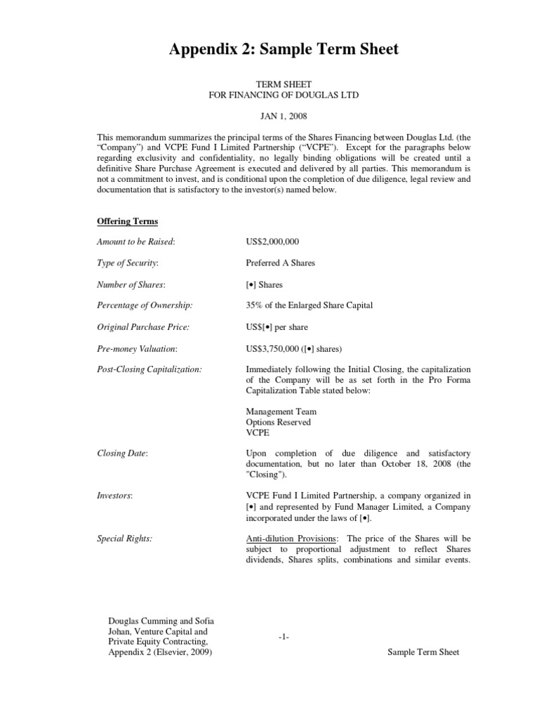 Sample Term Sheet (Appendix2) | PDF | Stocks | Liquidation