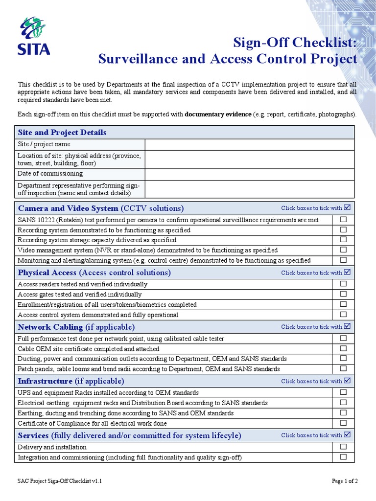 Project Sign-Off Checklist SAC | PDF | Access Control | Closed Circuit ...