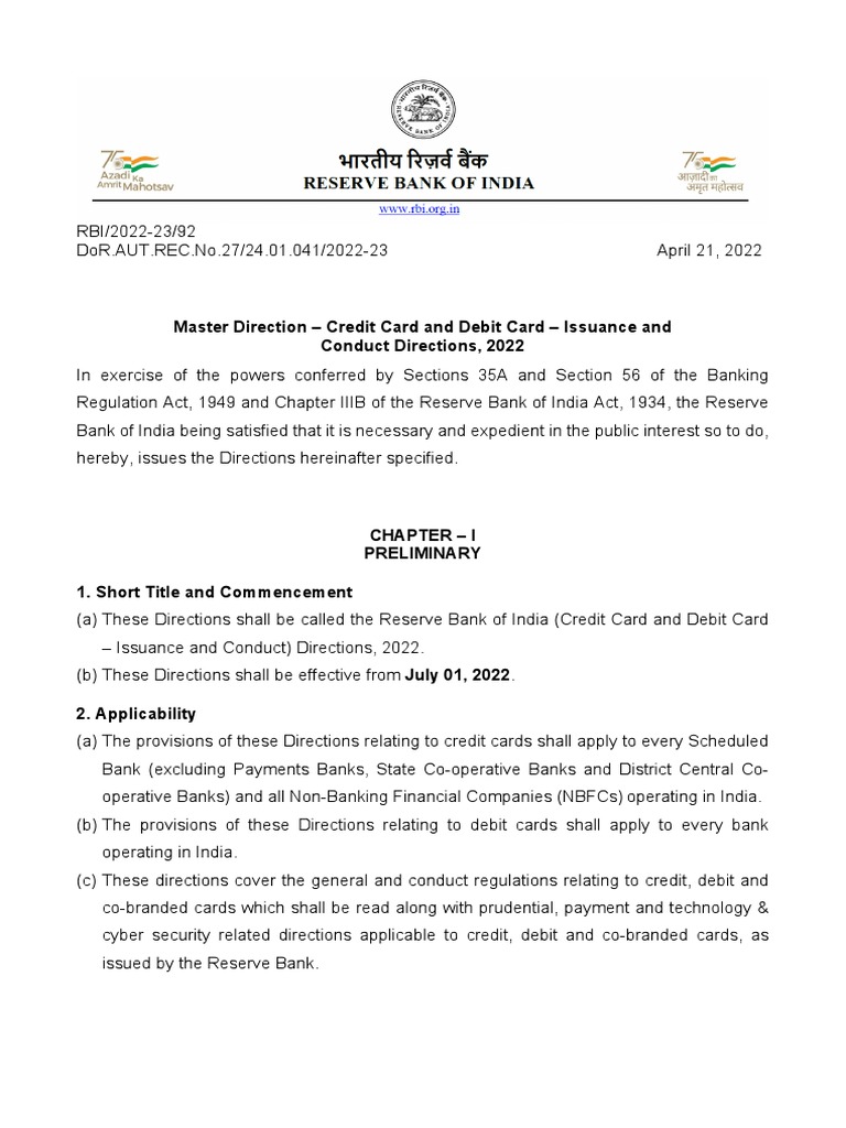 Master Direction - Credit Card and Debit Card - Issuance and Conduct ...