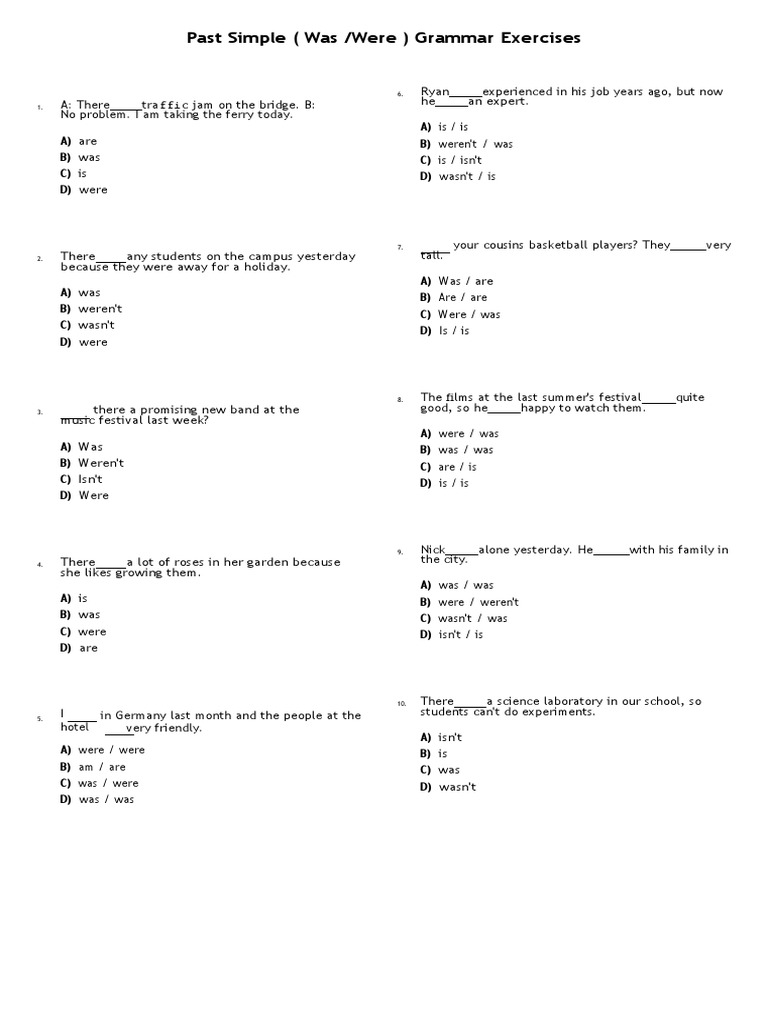 454 Past Simple Was Were Test A1 A2 Grammar Exercises | PDF