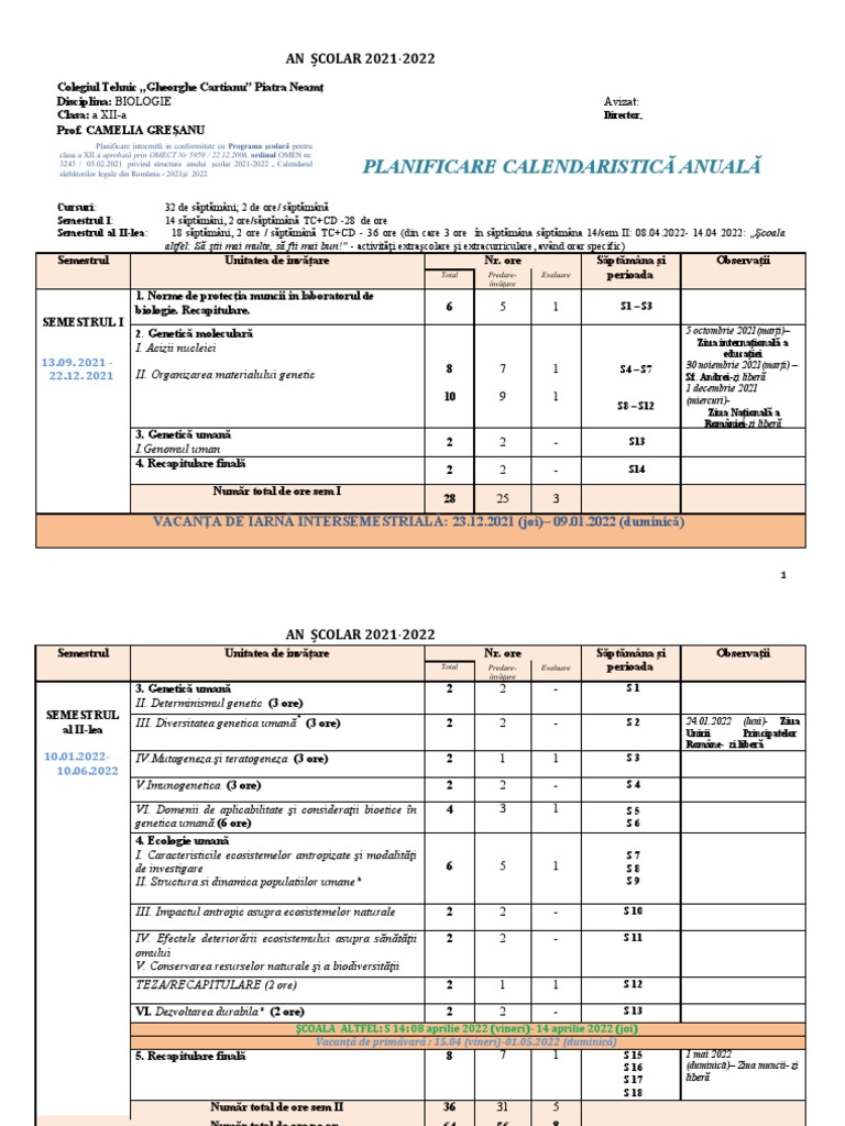 Planificare Bio XII 2021-2022 GHC | PDF