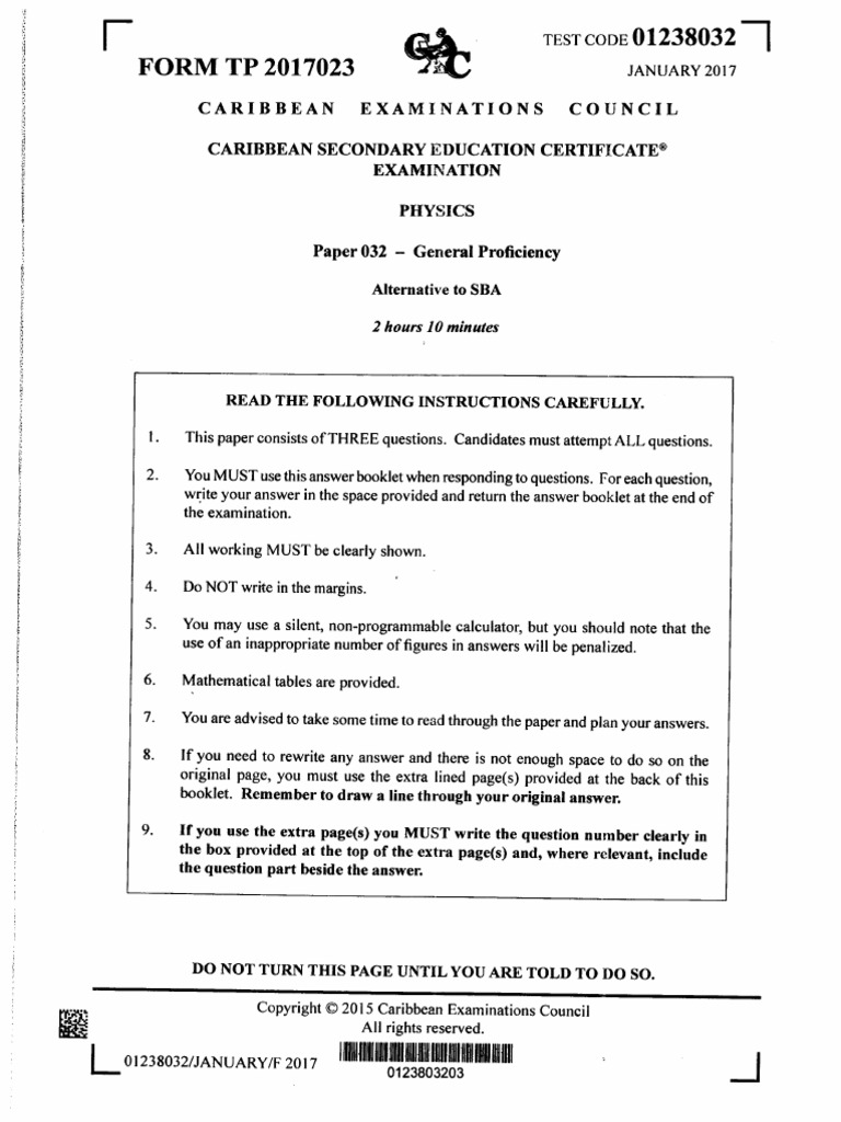 CSEC Physics January 2017 P032 (Alt. To SBA) | PDF | Science