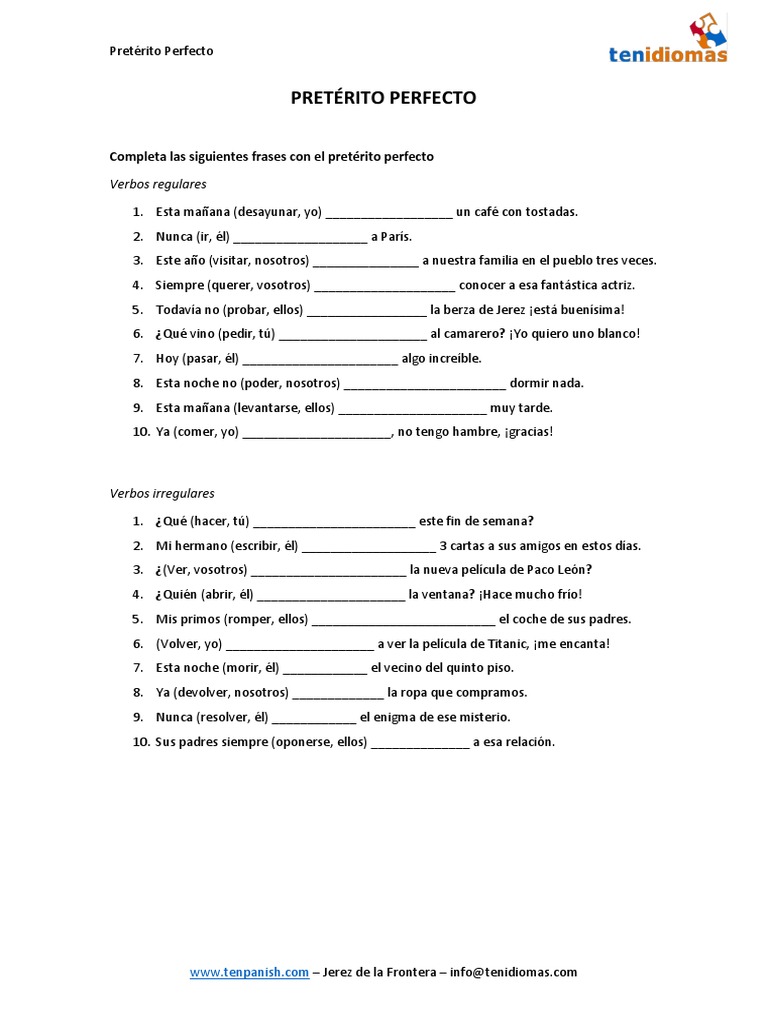 Preterito Perfecto Ejercicios Practicar Forma Tenidiomas | PDF