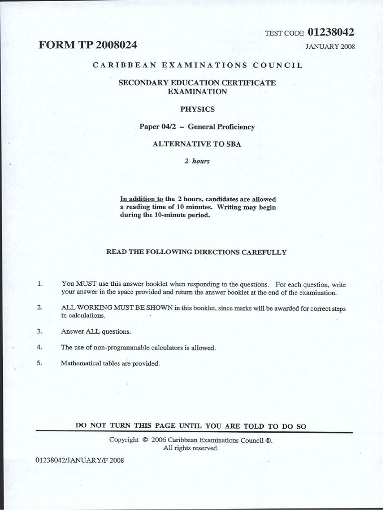 CSEC Physics January 2008 P042 | PDF | Science | Physics