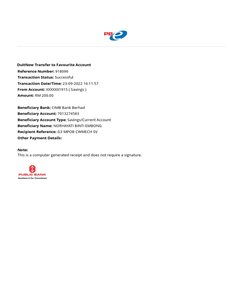 DuitNow Transfer Receipt - RM 200 | PDF