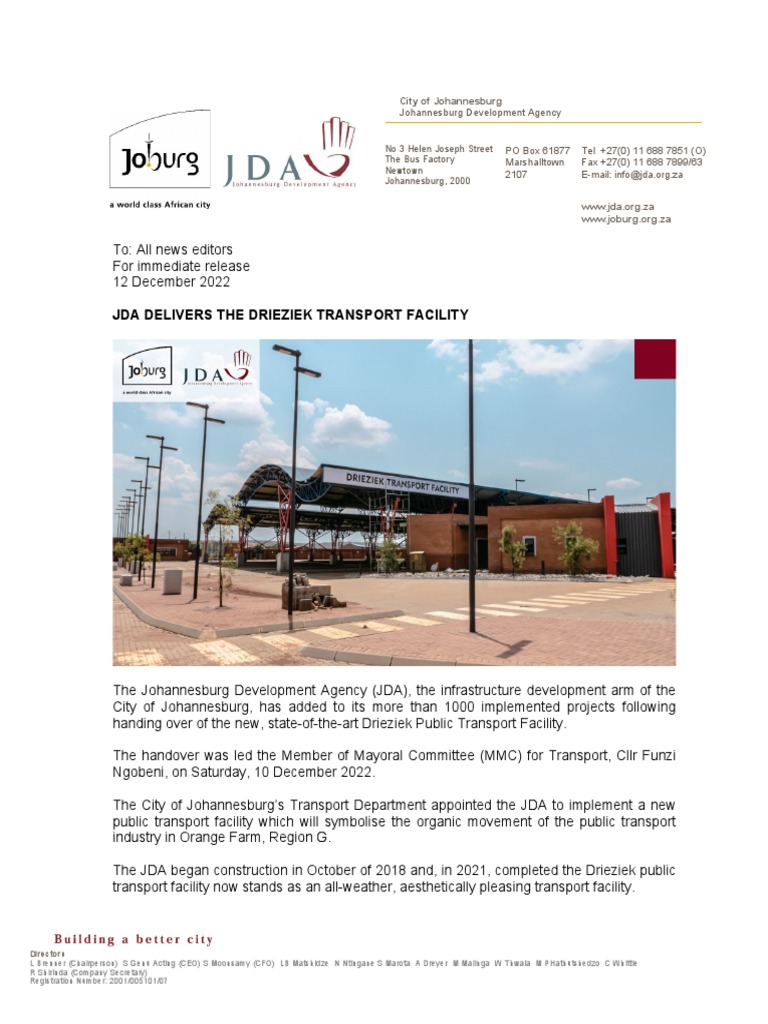 Jda Delivers The Drieiziek Transport Facility KN | PDF | Transport | Economies