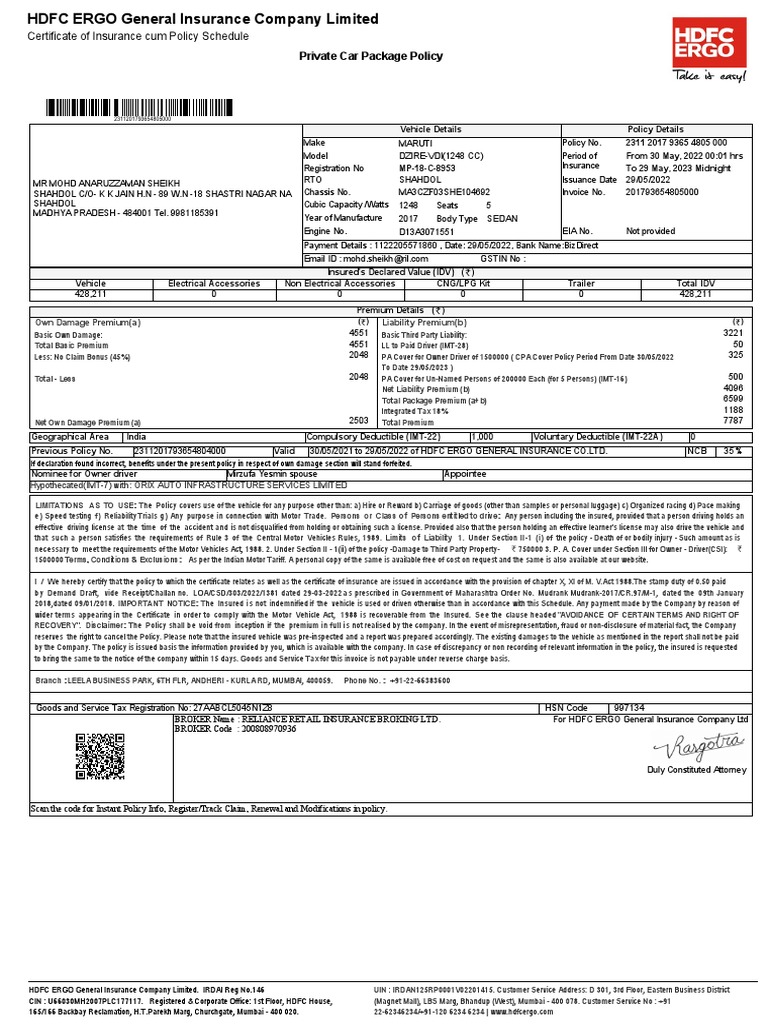CAR Insurance Policy PDF Insurance Business Law