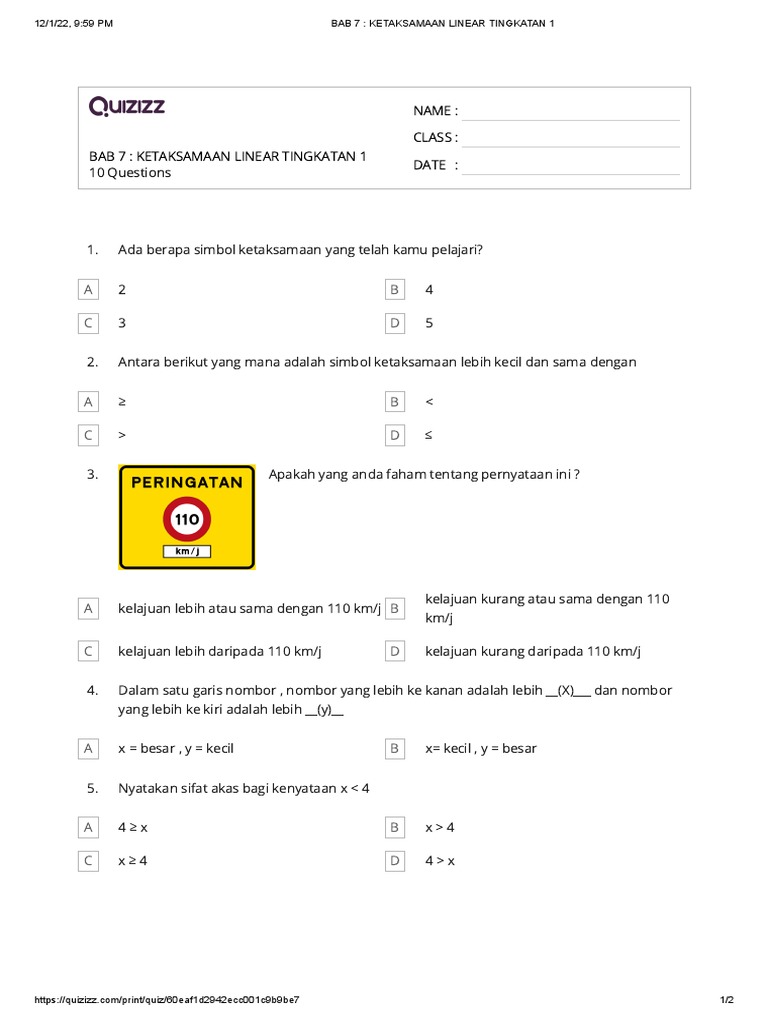 Bab 7 - Ketaksamaan Linear Tingkatan 1 | PDF