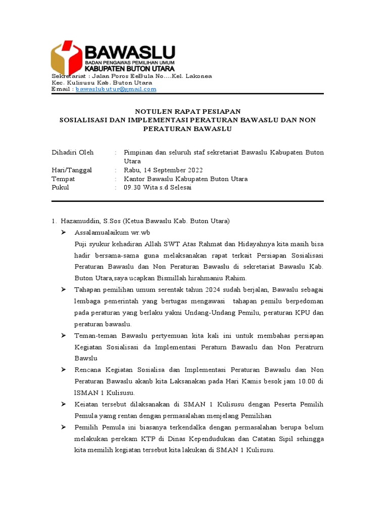 NOTULEN Persiapan Implementasi Perturan Bawaslu | PDF