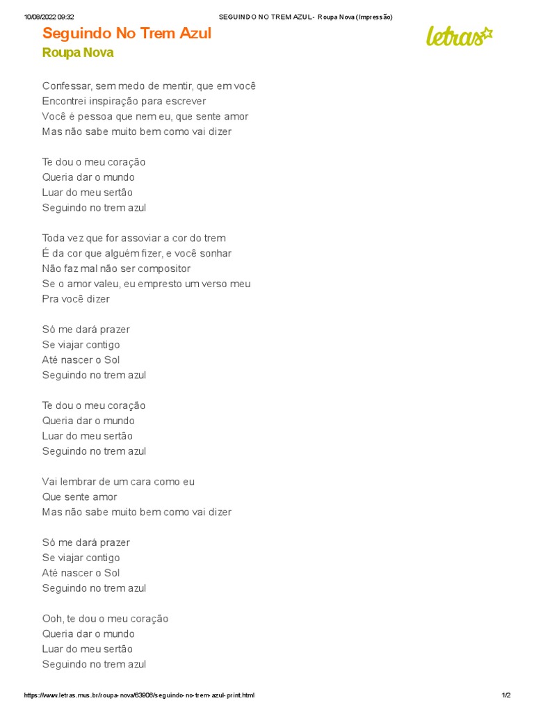Seguindo No Trem Azul - Roupa Nova (Impressão) | PDF