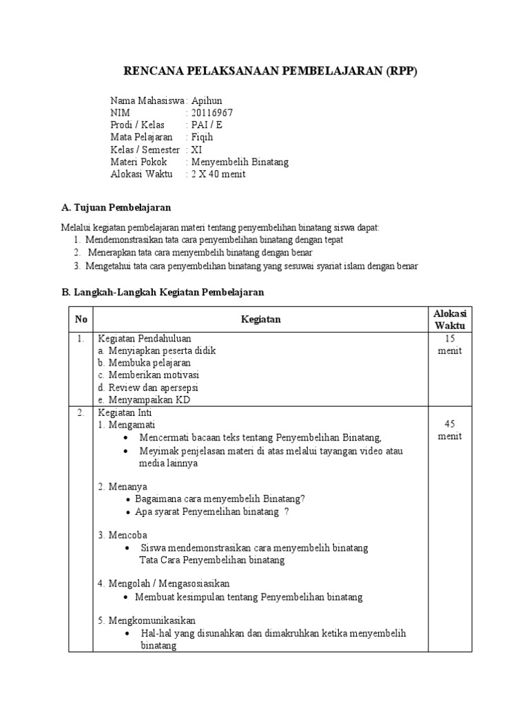 RPP Fiqih: Penyembelihan Binatang | PDF