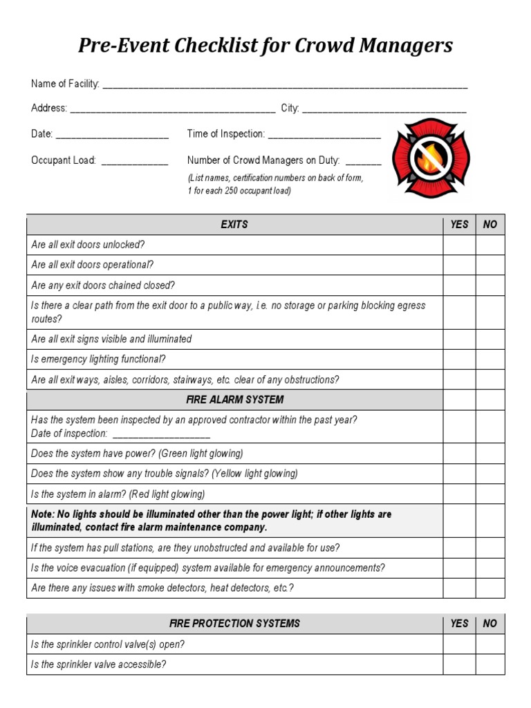 Crowd Managers Pre Event Checklist | PDF | Fire Sprinkler System | Fires