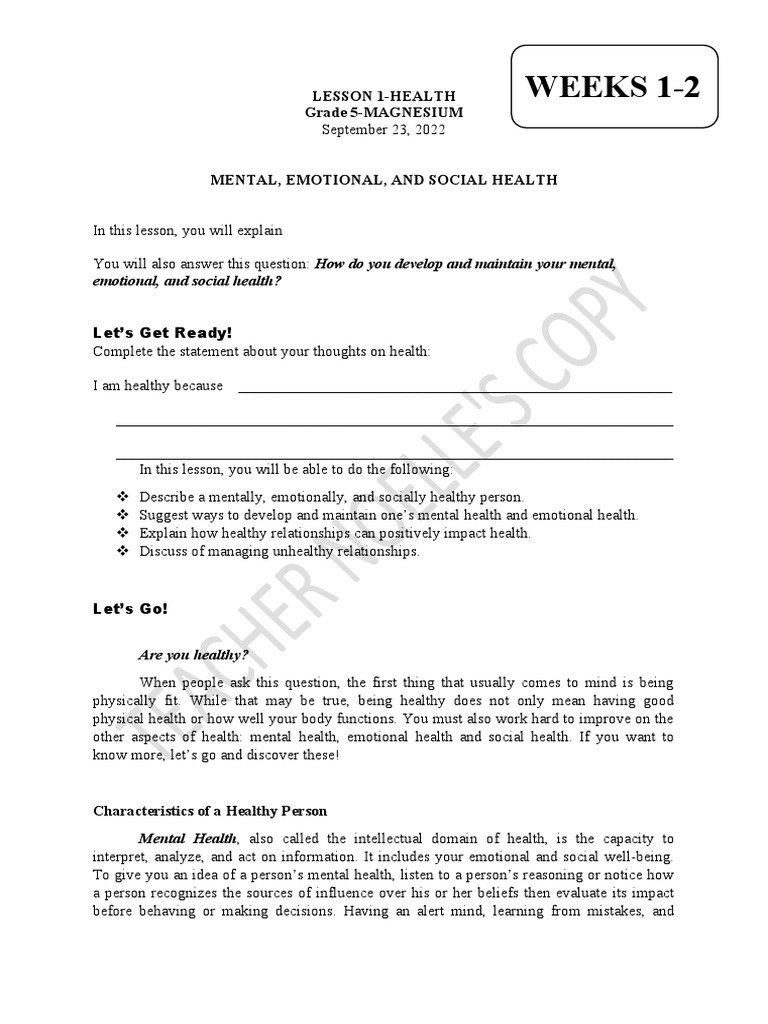 Grade 5 Guide to Mental Health Skills | PDF | Mental Health | Mind