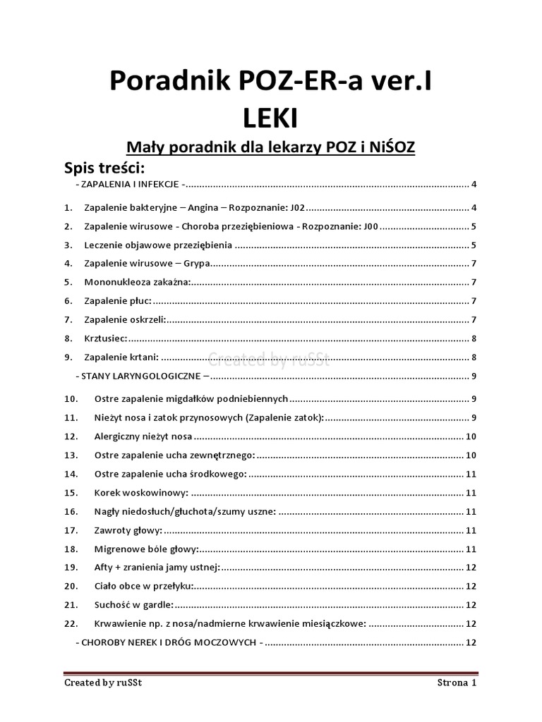 Poradnik POZ-ER-A Ver.i LEKI Mały Poradnik Dla Lekarzy POZ I NiŚOZ Spis Treści - ZAPALENIA I ...