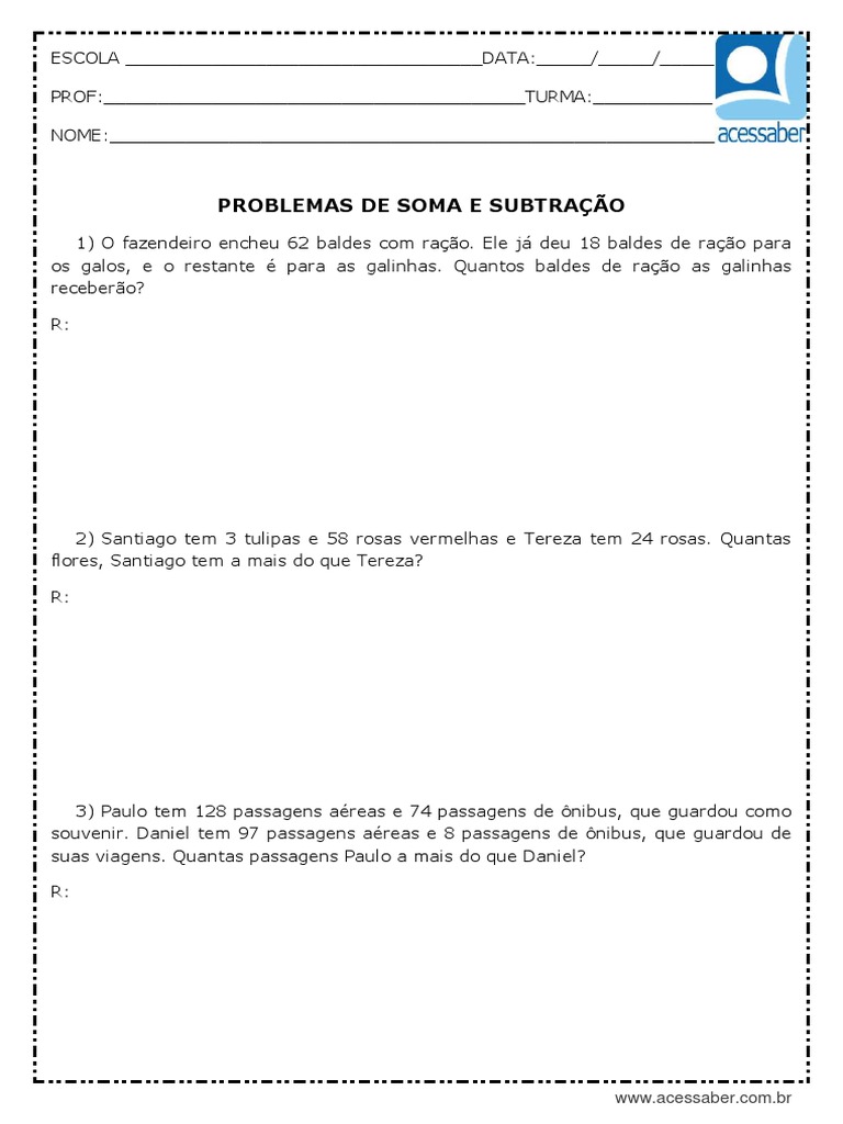 Atividade de Matematica Problemas de Soma e Subtracao 3 Ano e 4 Ano 2 | PDF