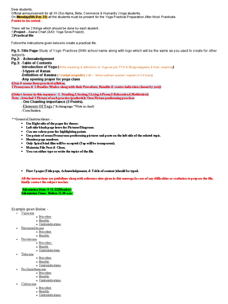 Class 12 Yoga Practical File Guidelines | PDF | Asana | Yoga