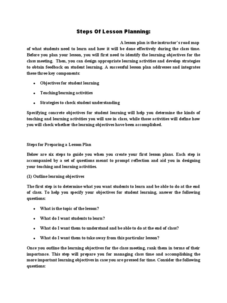 Steps of Lesson Planning | PDF | Lesson Plan | Teaching Method