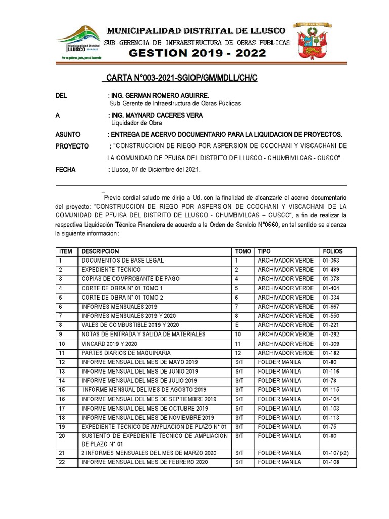 Carta N°003 Entrega de Documentos para Liquidacion de Obra | PDF