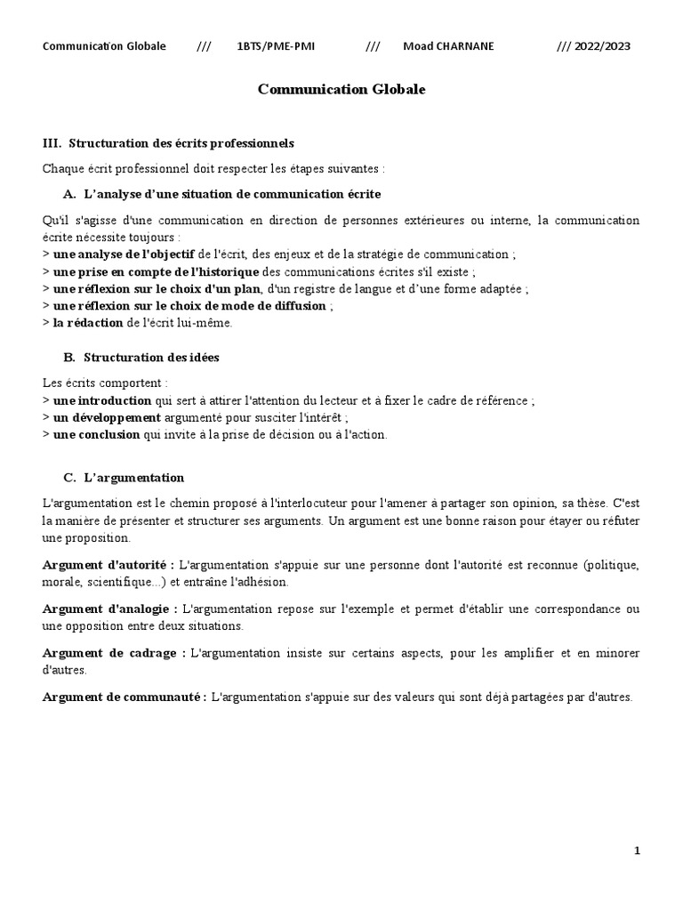 Structuration des Écrits Professionnels | PDF | Argumentation | la ...