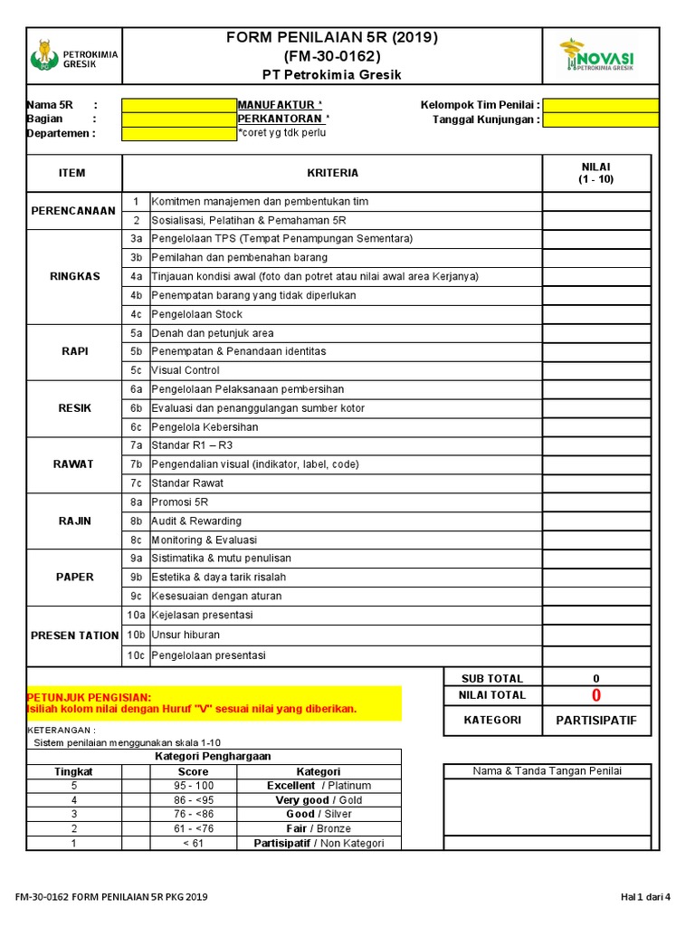 Kriteria Penilaian 5R PKG 2019 | PDF