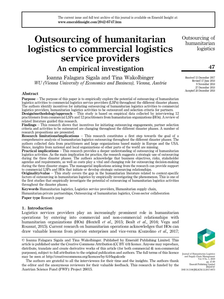 Outsourcing Of Humanitarian Logistics To Commercial Logistics Service