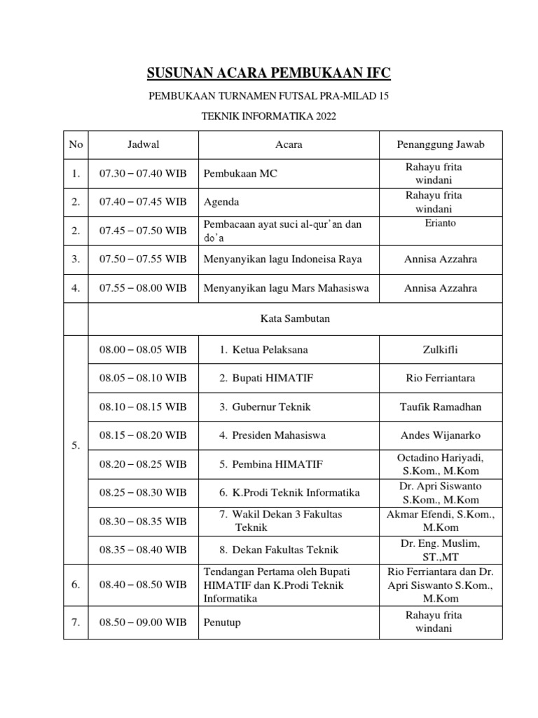 Rundown Acara Pembukaan Pramilad Futsal TI | PDF