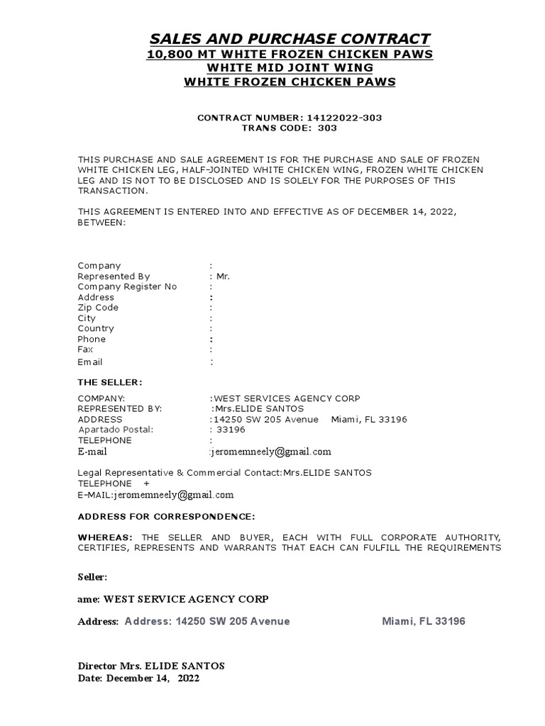 Contract for 10,800 MT Chicken Paws | PDF | Service Industries | Business