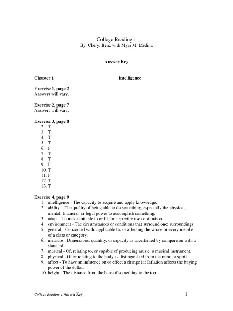College Reading 1 Answer Key | PDF | Science | Institution