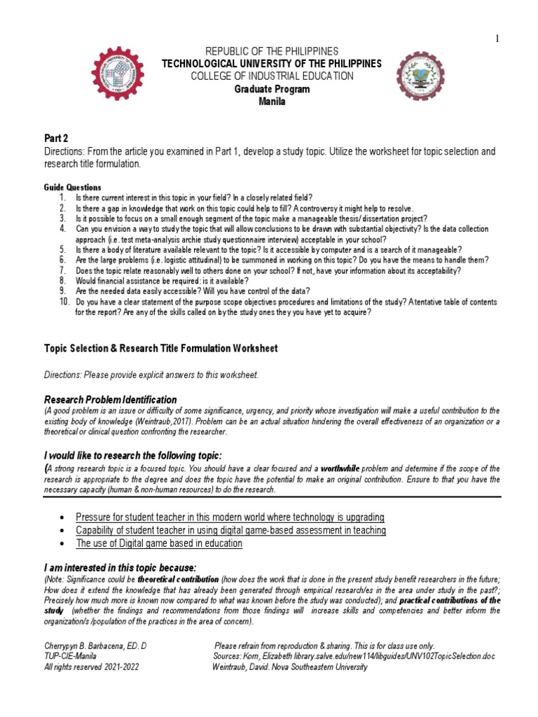 AMAGNA - Part 2 CBB Modified Research Topic Selection Worksheet (Prelim) | PDF | Teachers ...