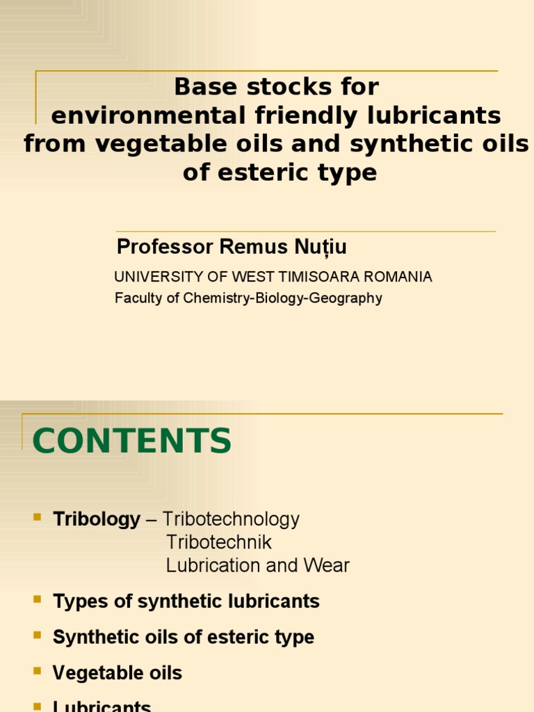 Base Stocks For Environmental Friendly Lubricants From Vegetable Oils ...