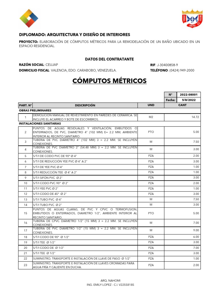 Cómputos Métricos | PDF | Inicio | Administracion del Agua