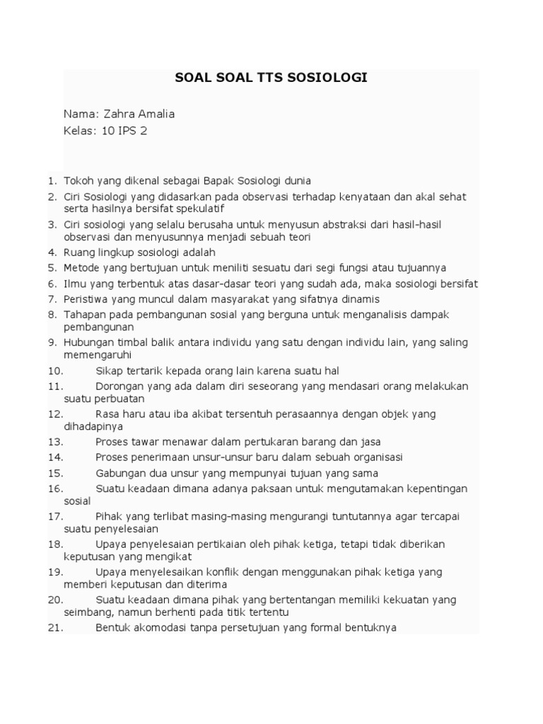 Soal Soal Tts Sosiologi | PDF