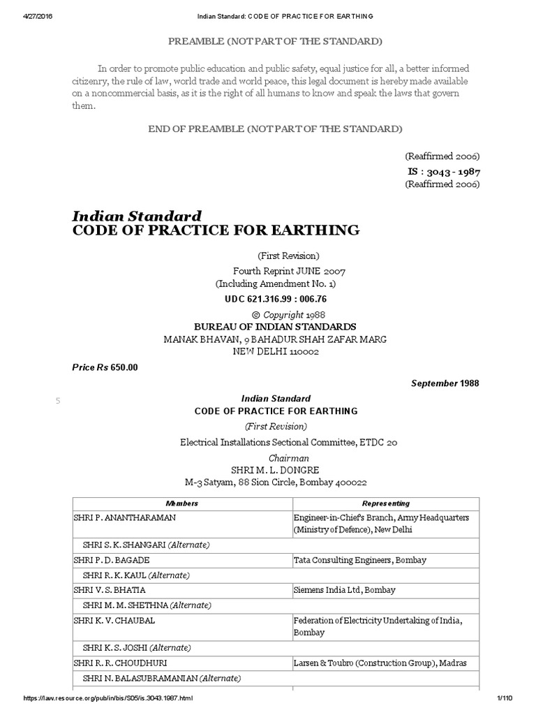 Indian Standard - Code of Practice For Earthing | PDF | Insulator ...