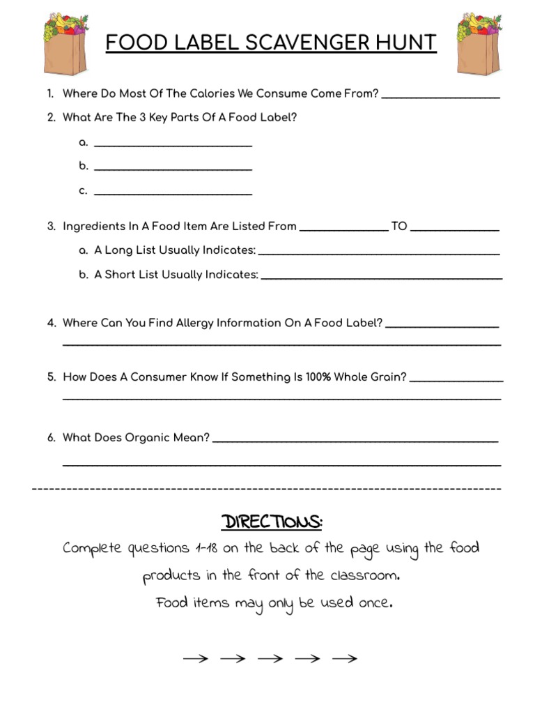 Food Label Scavenger Hunt Worksheet | PDF | Foods | Whole Grain