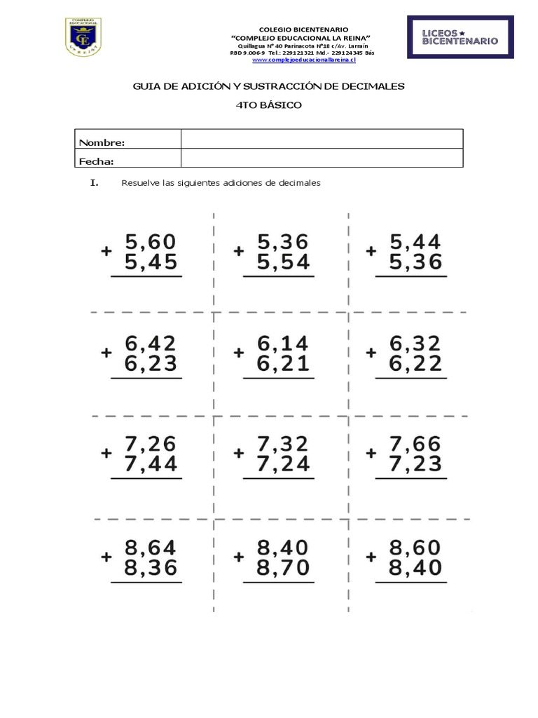 Guia Adicion y Sustracción de Decimales 4to Basico | PDF