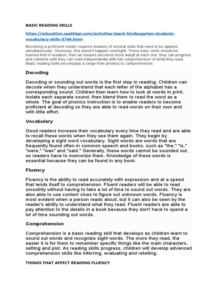 Basic Reading Skills | PDF | Reading Comprehension | Phonics