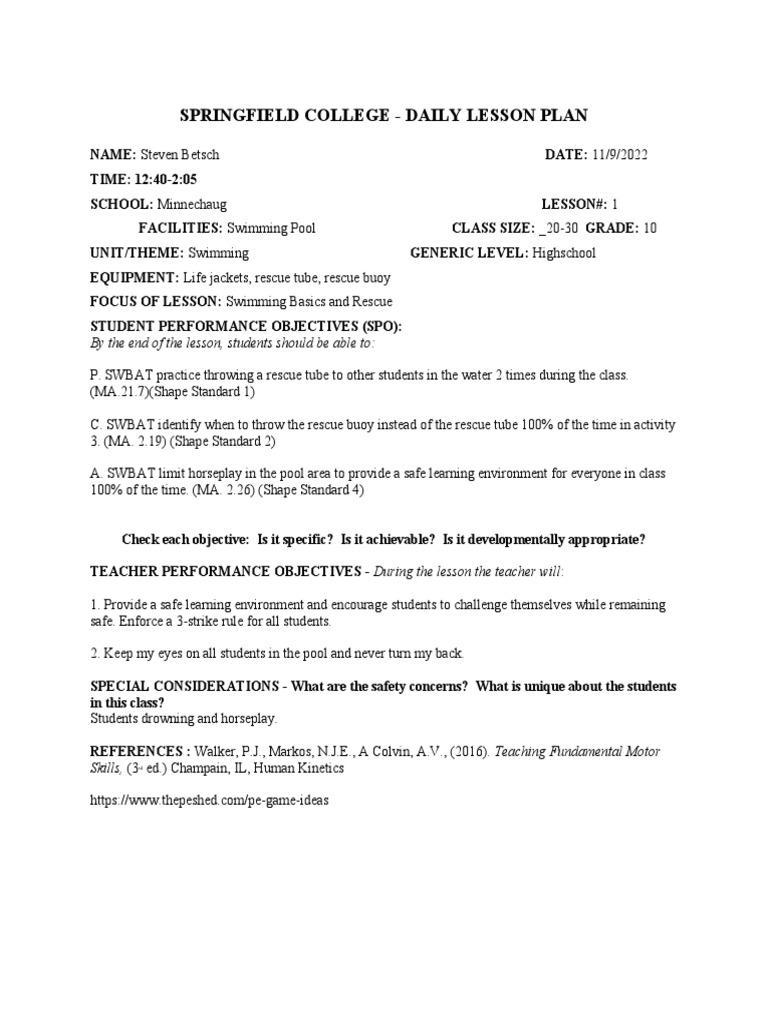 Swimming Lesson Plan | PDF | Lesson Plan | Swimming
