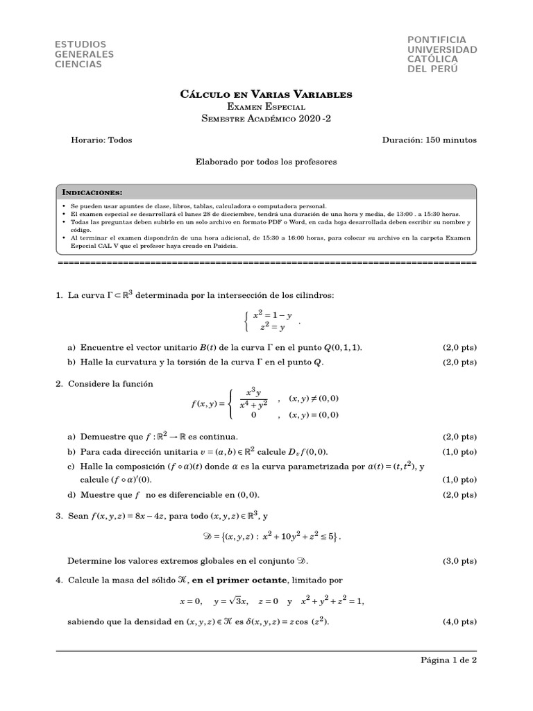 Cálculo en Varias Variables: Estudios Generales Ciencias Pontificia ...