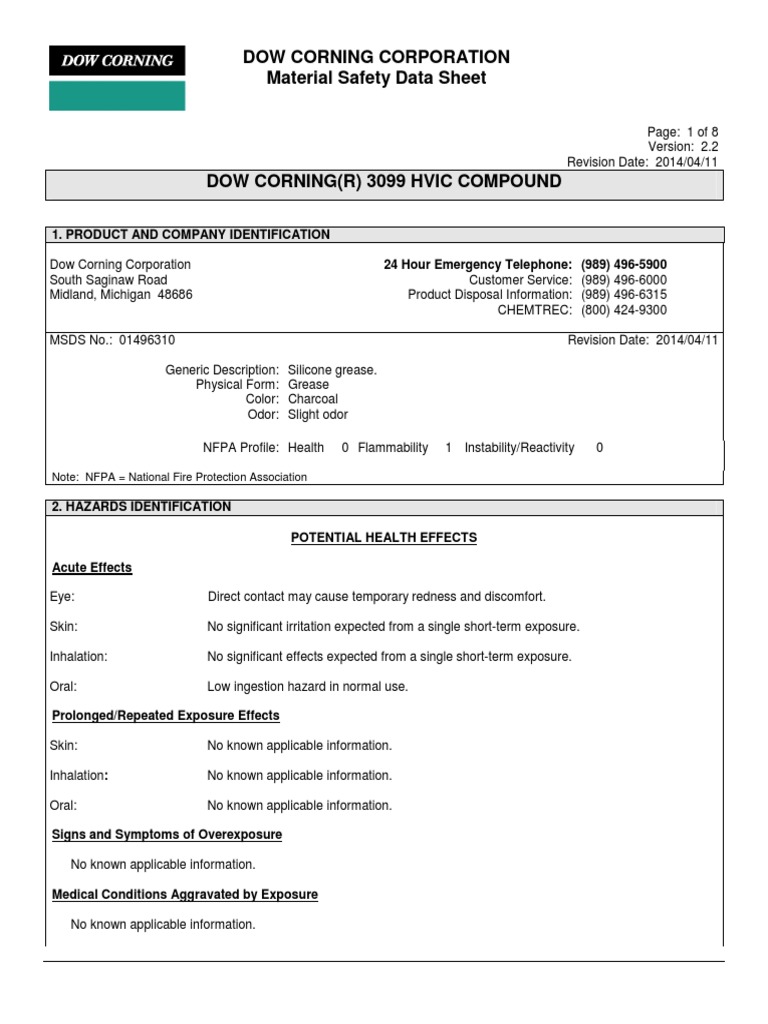 Dow Corning 3099 HVIC Compound MSDS | PDF | Personal Protective ...