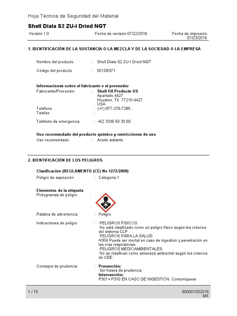 Hoja de Seguridad Shell Diala S2 ZU-I | PDF | Agua | Residuos
