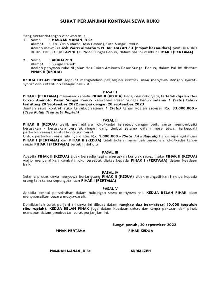 Surat Perjanjian Kontrak Sewa Ruko | PDF