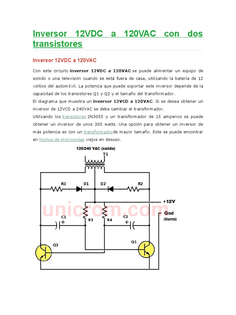 Inversor 12VDC A 120VAC Con Dos Transistores | PDF | Transformador ...