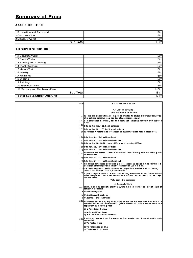 Price Summary and Itemized List for Construction of a Building ...