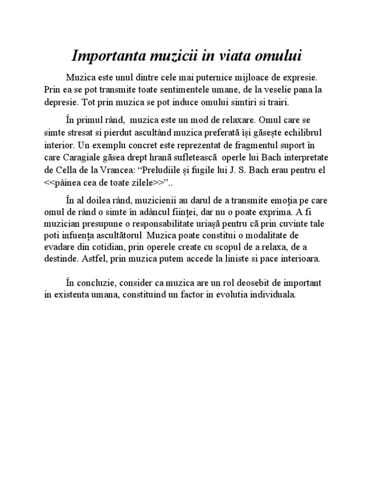 Importanta Muzicii in Viata Omului | PDF