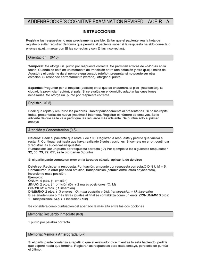 ACE-R: Instrucciones de Evaluación | PDF | Memoria | Lingüística