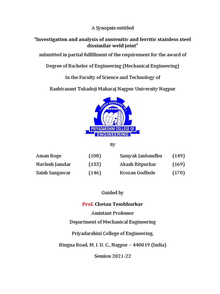 Project Synopsis - 2021-22 | PDF | Stainless Steel | Steel